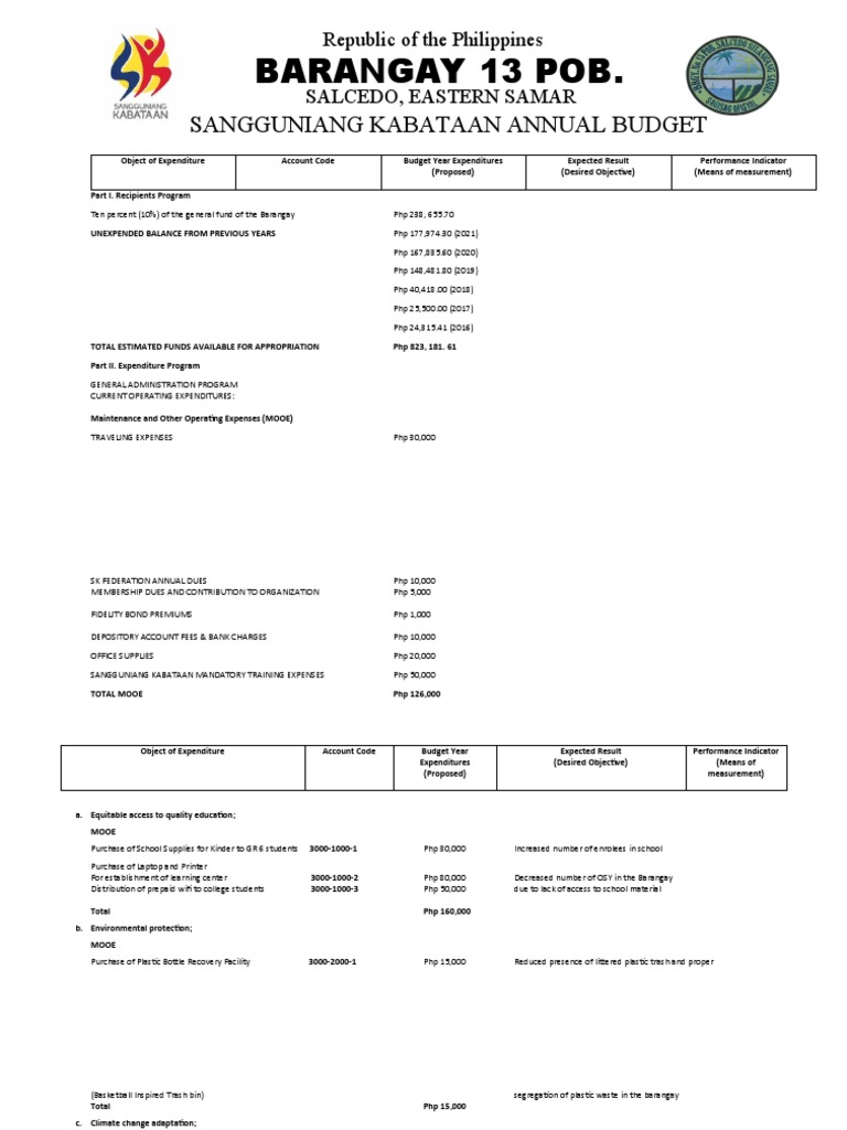 Barangay 13 Pob.: Sangguniang Kabataan Annual Budget | PDF | Economies