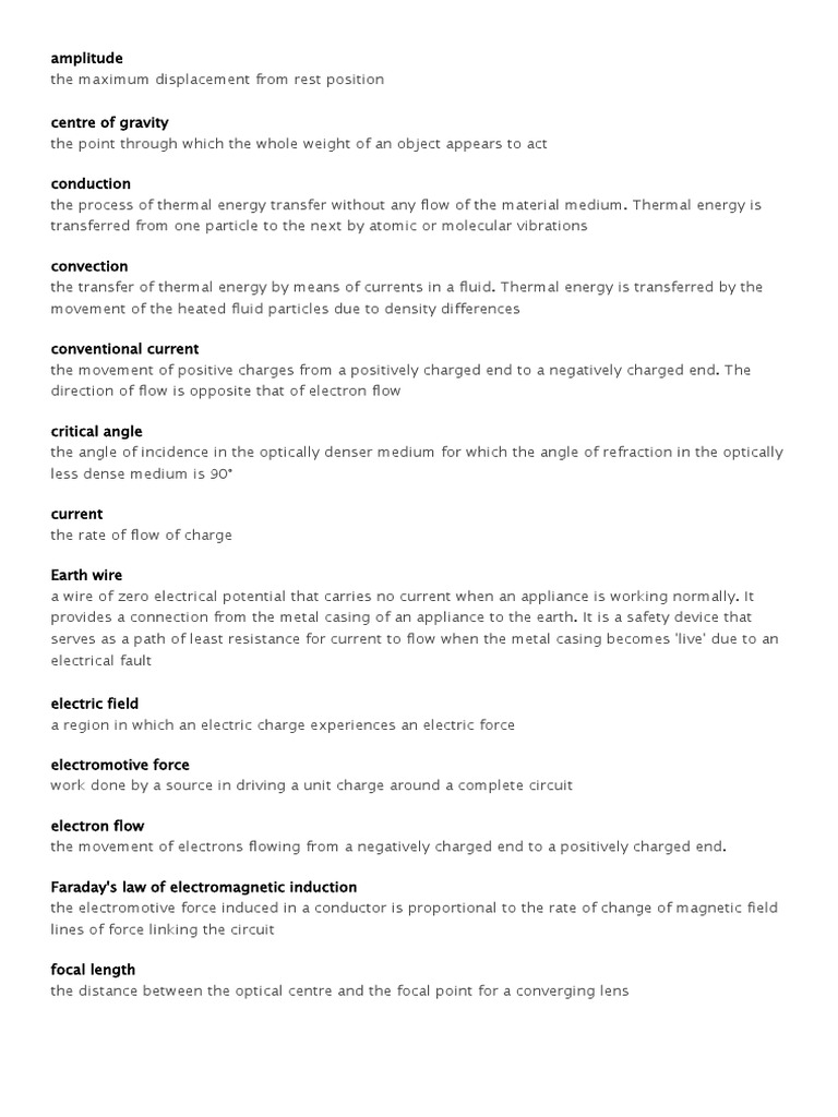 Key Physics Definitions List | PDF | Electric Current | Waves