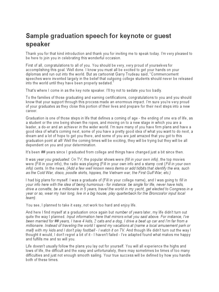 Sample Graduation Speech For Keynote or Guest Speaker | PDF