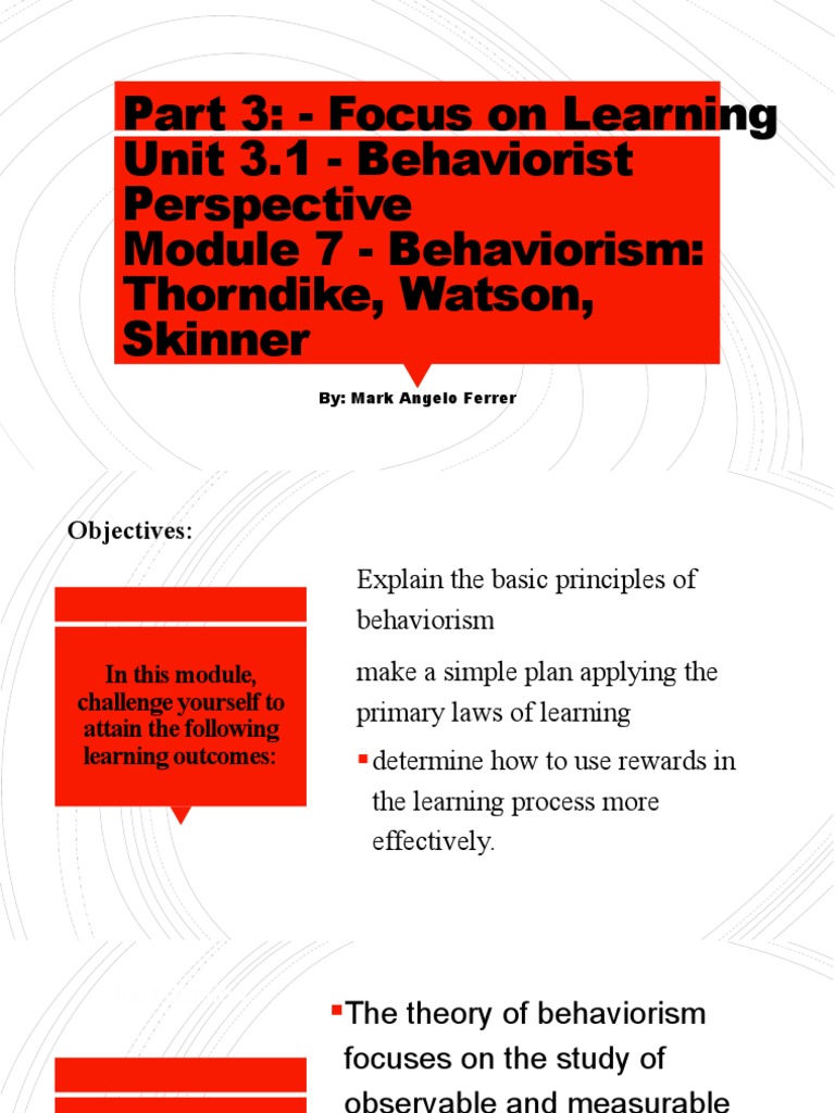 Part 3: - Focus On Learning Unit 3.1 - Behaviorist Perspective Module 7 ...