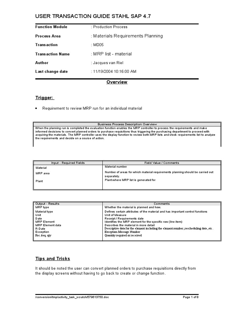 MRP List Access Guide for SAP MD05 | PDF | Double Click | Menu (Computing)