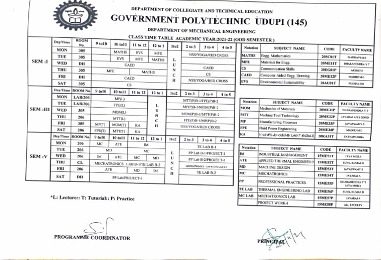 Udupi Polytechnic Mechanical Timetable | PDF | Engineering | Applied ...