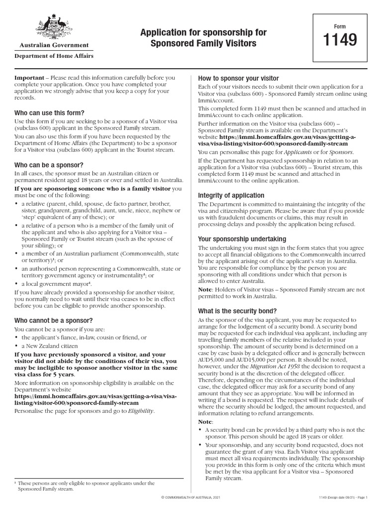 Form 1149 Australian Visitor Visa (Family Sponsorship) | PDF | Travel ...
