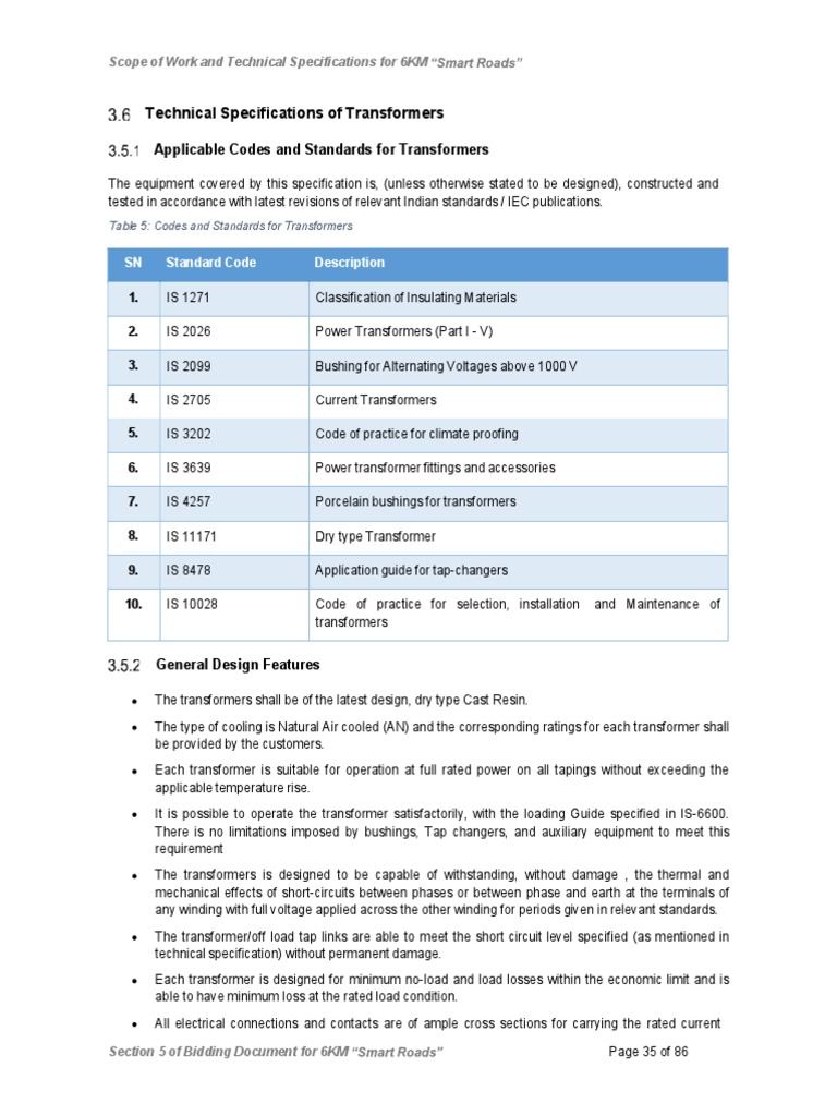 Technical Specifications of Transformers: Applicable Codes and ...
