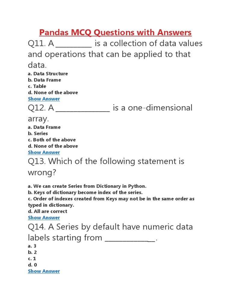 Pandas Mcq Questions With Answers Pdf Computer Data Computer Programming