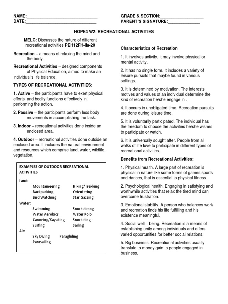 Recreational Activities | PDF | Recreation | Outdoor Recreation