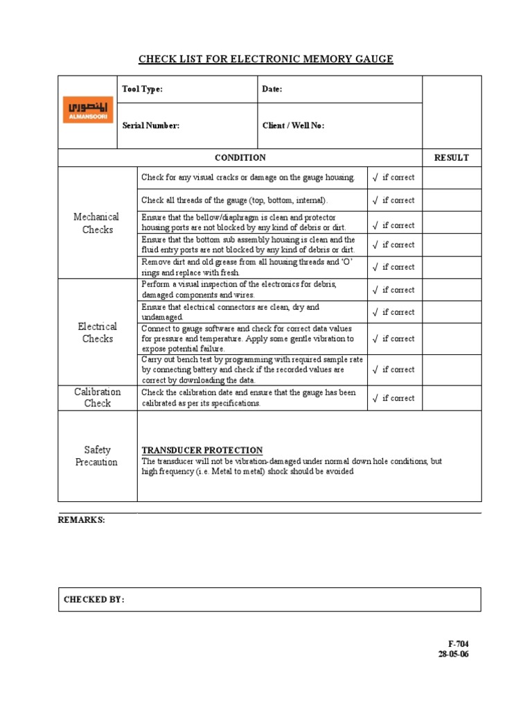 Check List For Electronic Memory Gauge | PDF | Calibration | Electrical ...