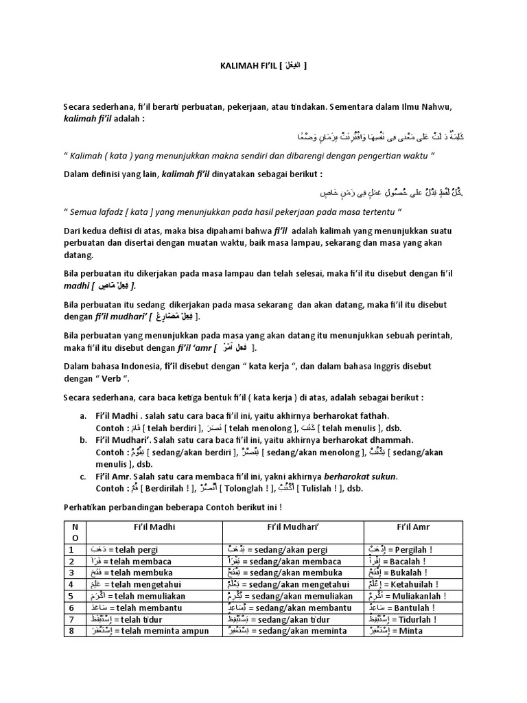 Kalimah Fiil Materi BHS Arab Kelas X | PDF