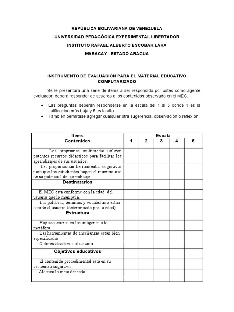 Instrumento Evaluacion MEC | PDF | Evaluación | Aprendizaje