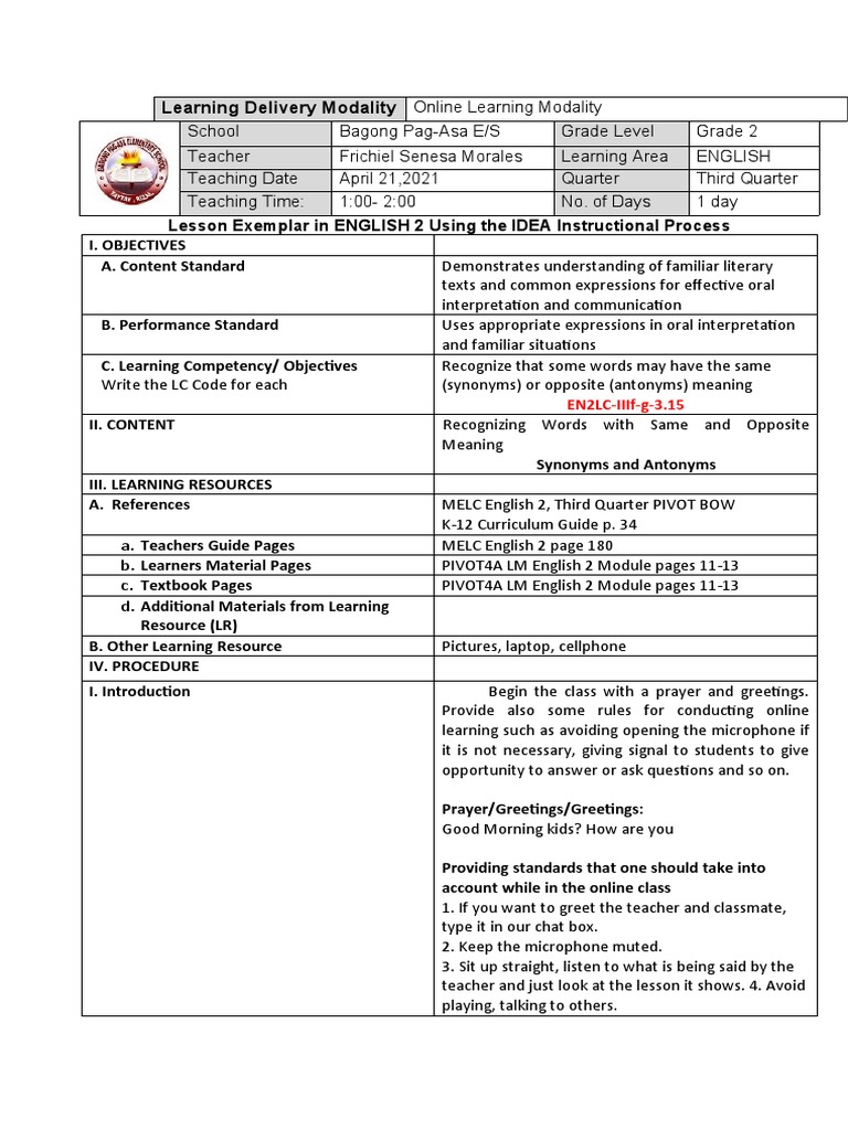 Learning Delivery Modality: En2Lc-Iiif-G-3.15 | PDF | Learning | Teachers