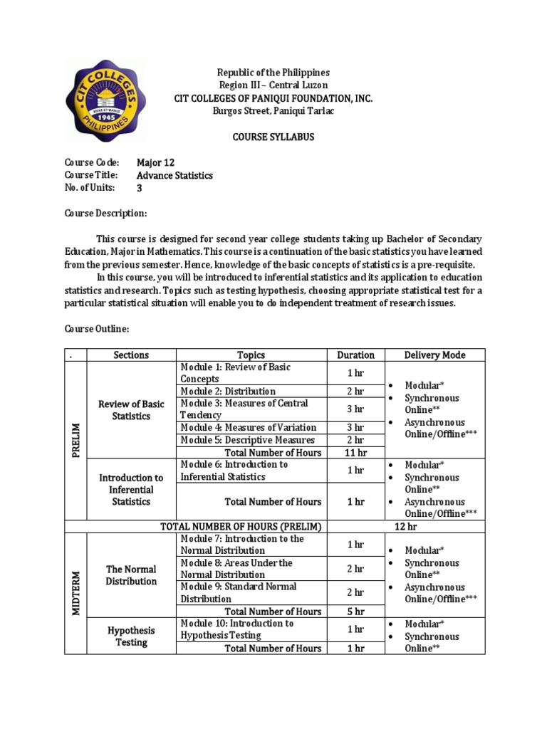Advance Statistics Course Syllabus | PDF | Statistics | Online And Offline