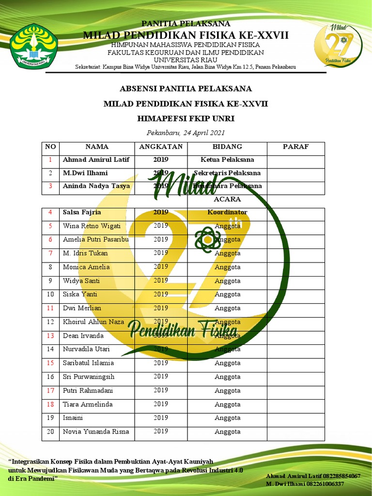 Absen Panitia (19 Dan 20) | PDF