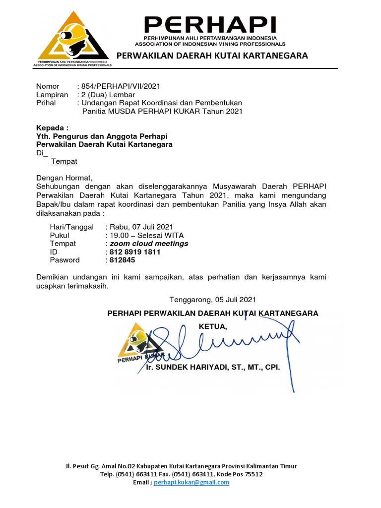 Undangan Rapat MUSDA PERHAPI KUKAR 2021 | PDF