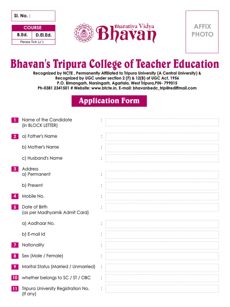 Bhavan's Tripura College of Teacher Education: Application Form | PDF