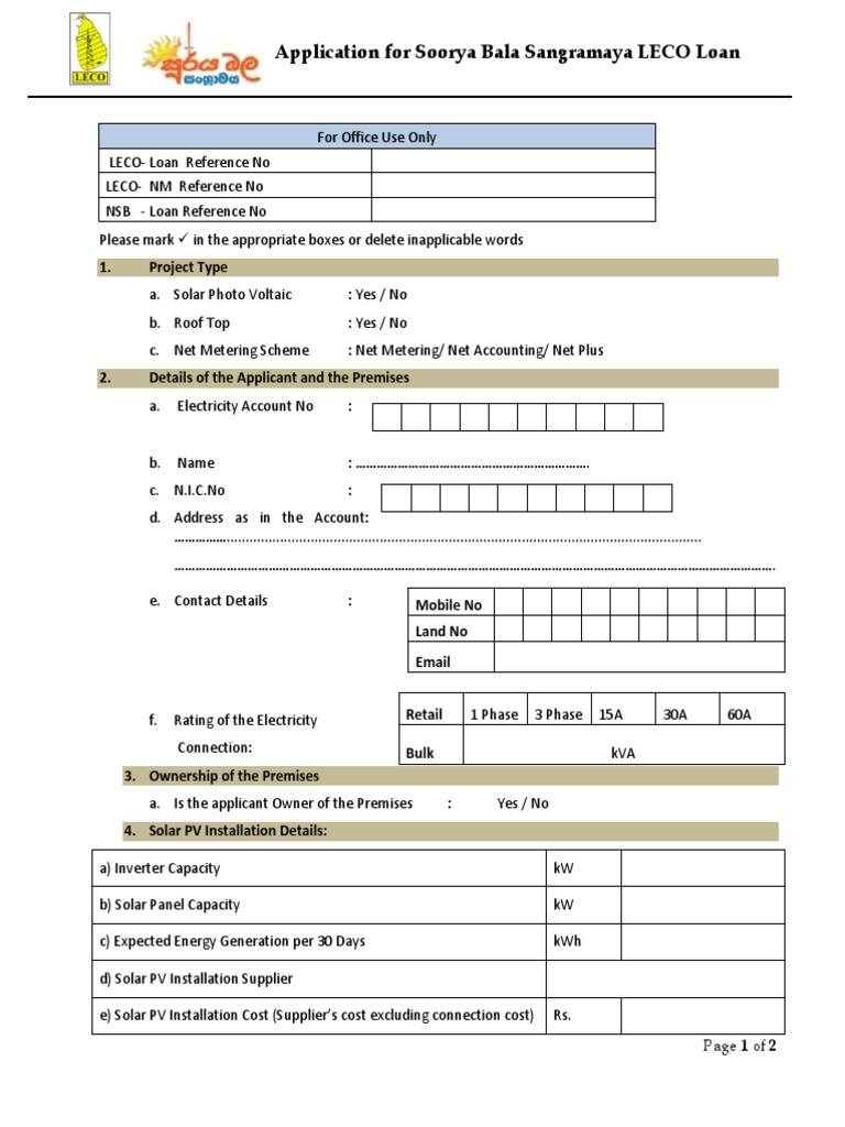 LECO Solar Loan Application Form | PDF | Photovoltaic System ...