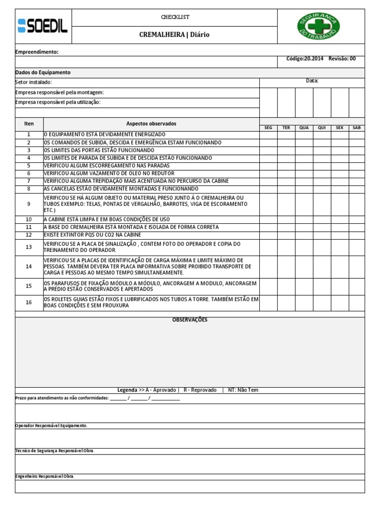 Checklist de Segurança para Elevador Cremalheira | PDF