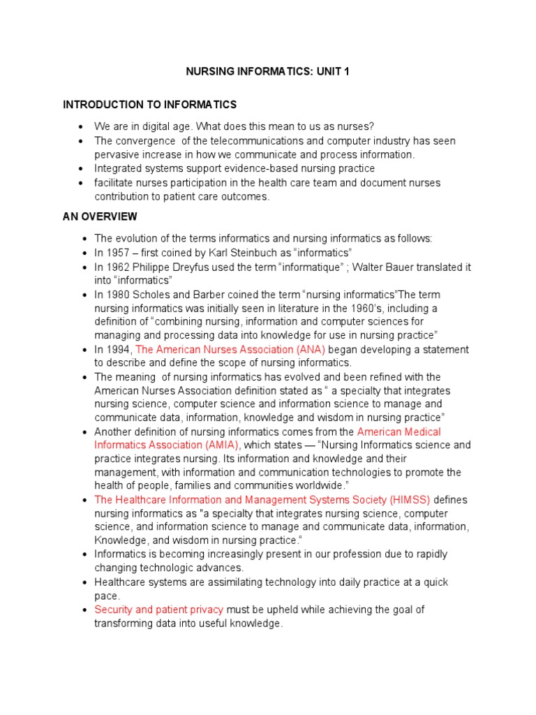 Nursing Informatics: Unit 1 Introduction To Informatics: The American ...