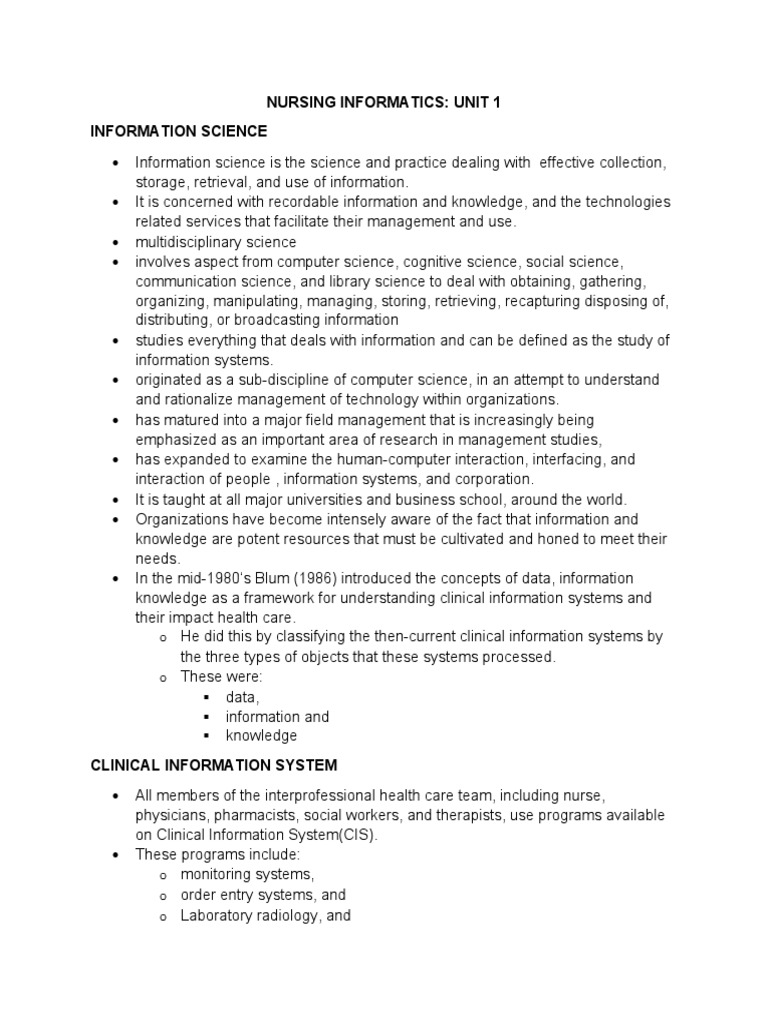 Nursing Informatics: Unit 1 Information Science | PDF | Information ...