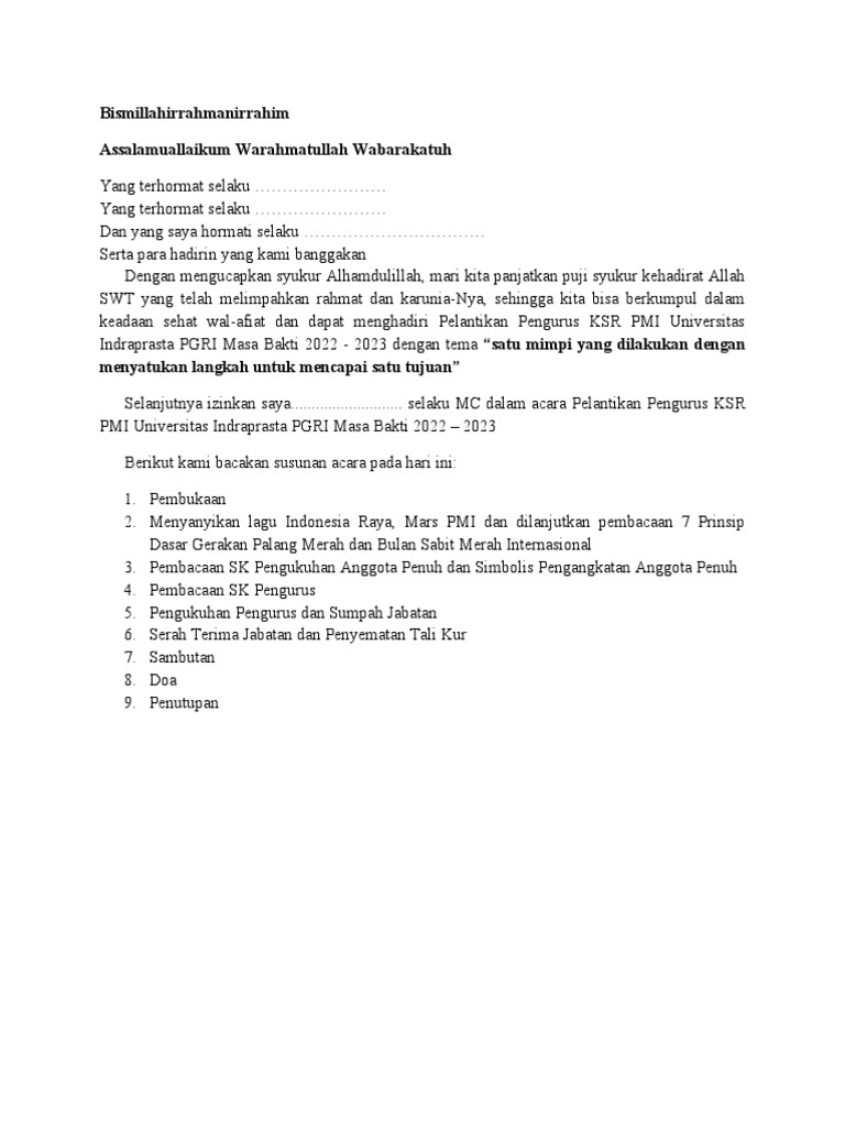 Teks MC Pelantikan 2022, Revisi | PDF