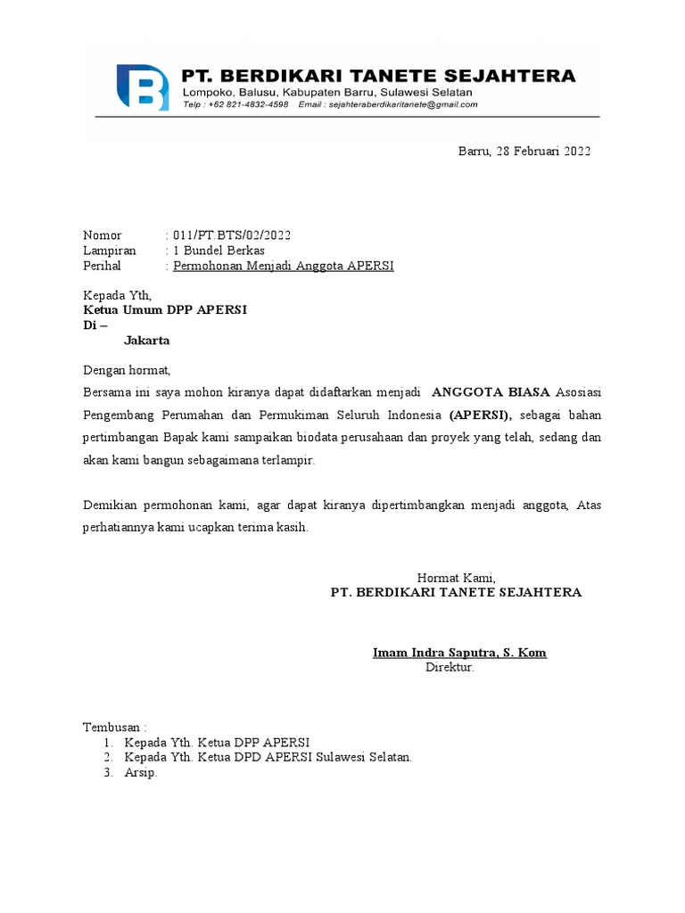 Contoh SURAT PERMOHONAN JADI ANGGOTA APERSI | PDF | Kajian Bahasa Asing