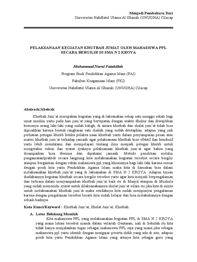 Muhammad Nurul Fatahillah - Artikel - Pelaksanaan Khutbah Jum'at Di SMA N 2 KROYA 01 | PDF