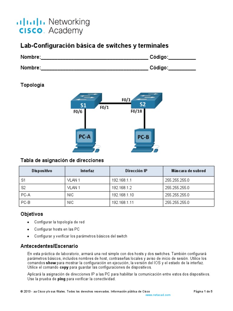 Lab 1 - Configuración Básica Del Switch y Host Basic Switch and End Device Configuration - ILM ...