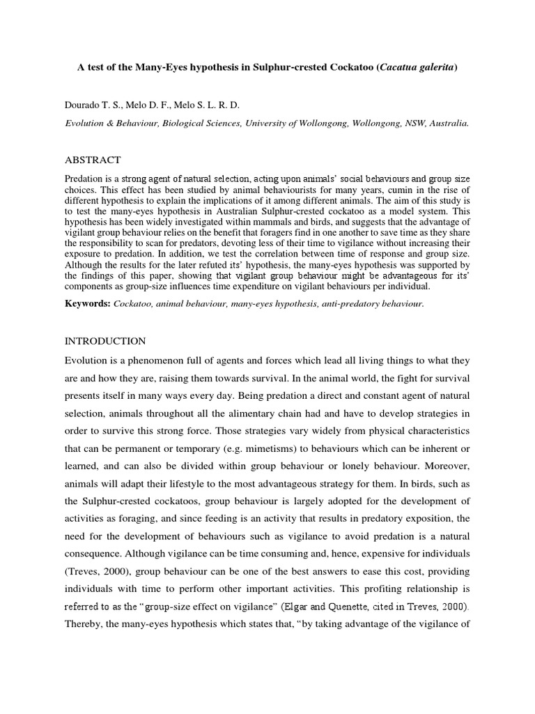 A Test of The Many-Eyes Hypothesis (Cockatoo) | PDF | Ethology | Herd