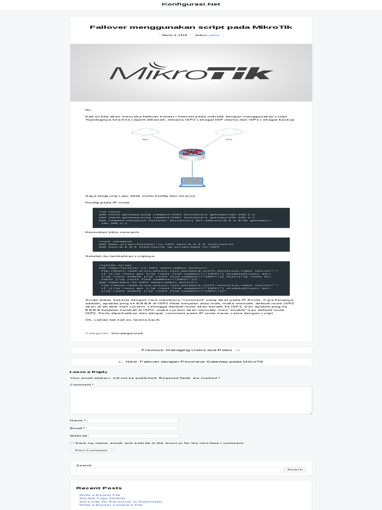 Konfigurasi Net Failover Menggunakan Script Pada Mikrotik | PDF | Pengembangan Perangkat Lunak ...