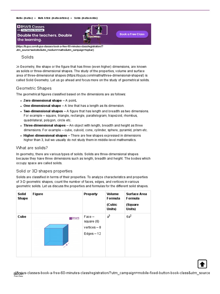 Solids (Three - Dimensional Shapes) - Definition and Formula | PDF ...
