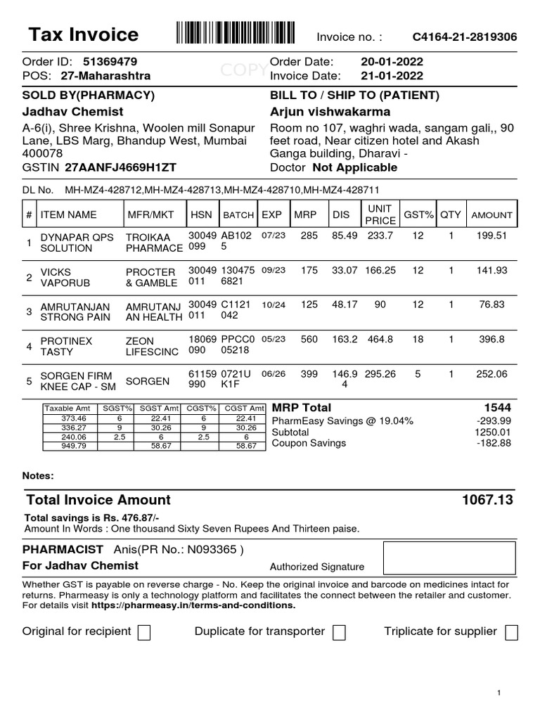 Tax Invoice: Jadhav Chemist Arjun Vishwakarma | PDF | Taxes | Pharmacy