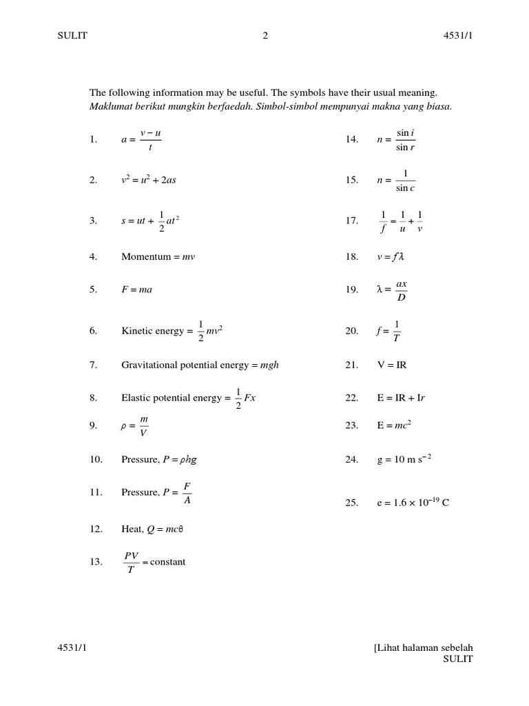 Senarai Formula Fizik KSSM | PDF