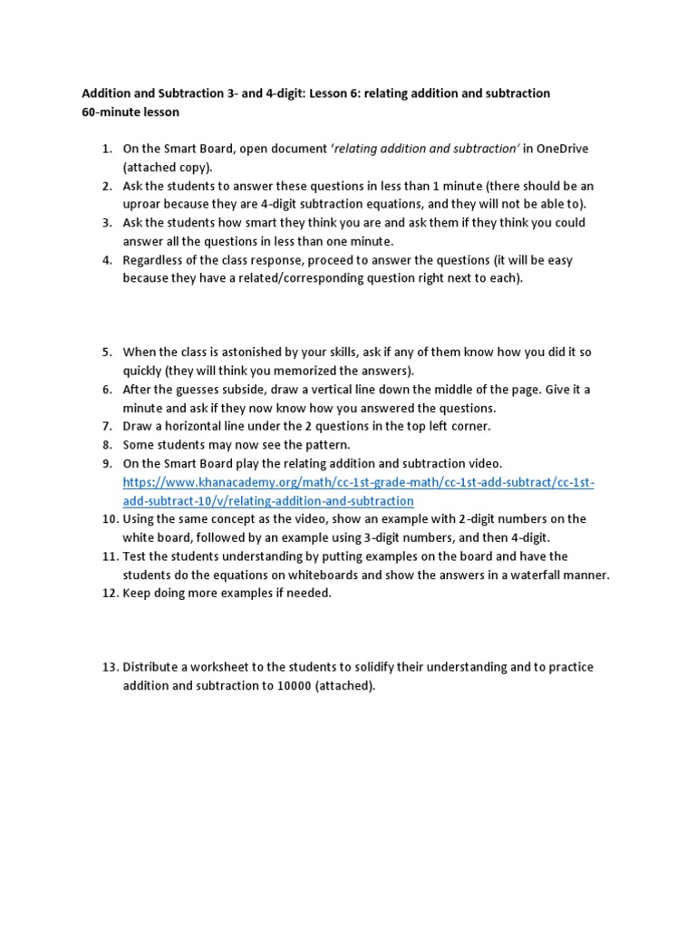 Lesson 6 Relating Addition and Subtraction - Addition and Subtraction 3 ...