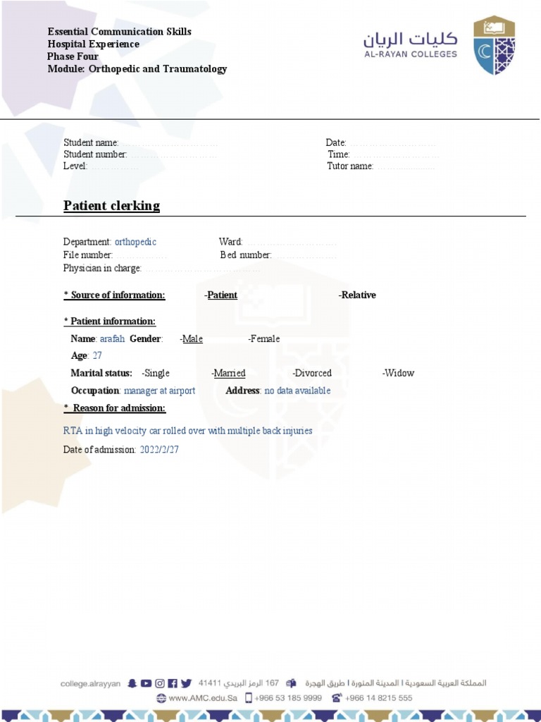 Patient HX Form: Orthopedic Case Study | PDF | Chronic Condition ...