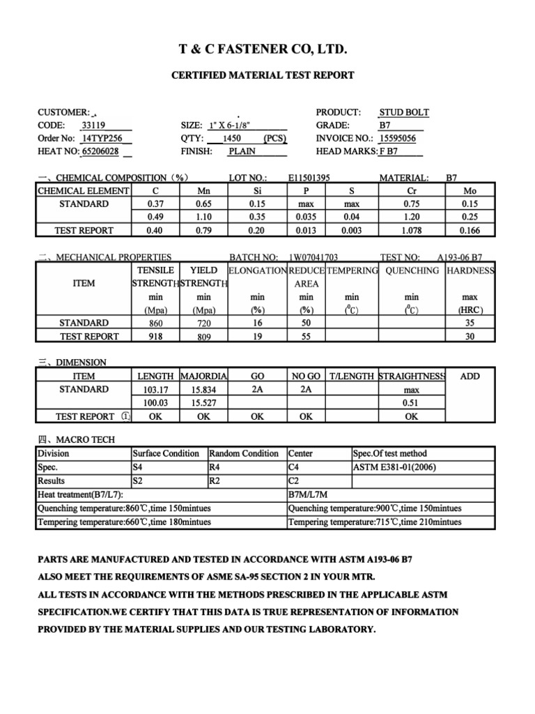 Certified Material Test Report B7 Stud Bolt | PDF | Materials Science ...