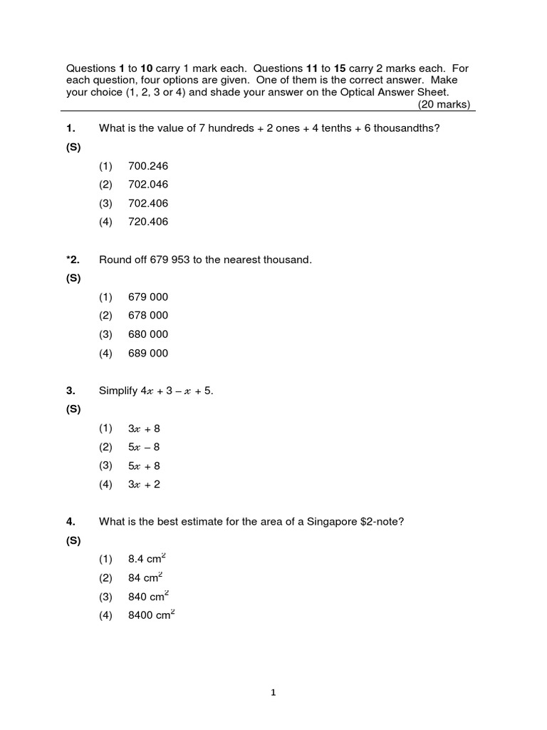 PSLE Math S Paper I Final | PDF | Area | Elementary Mathematics