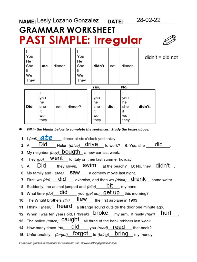 PAST SIMPLE: Irregular: Grammar Worksheet | PDF