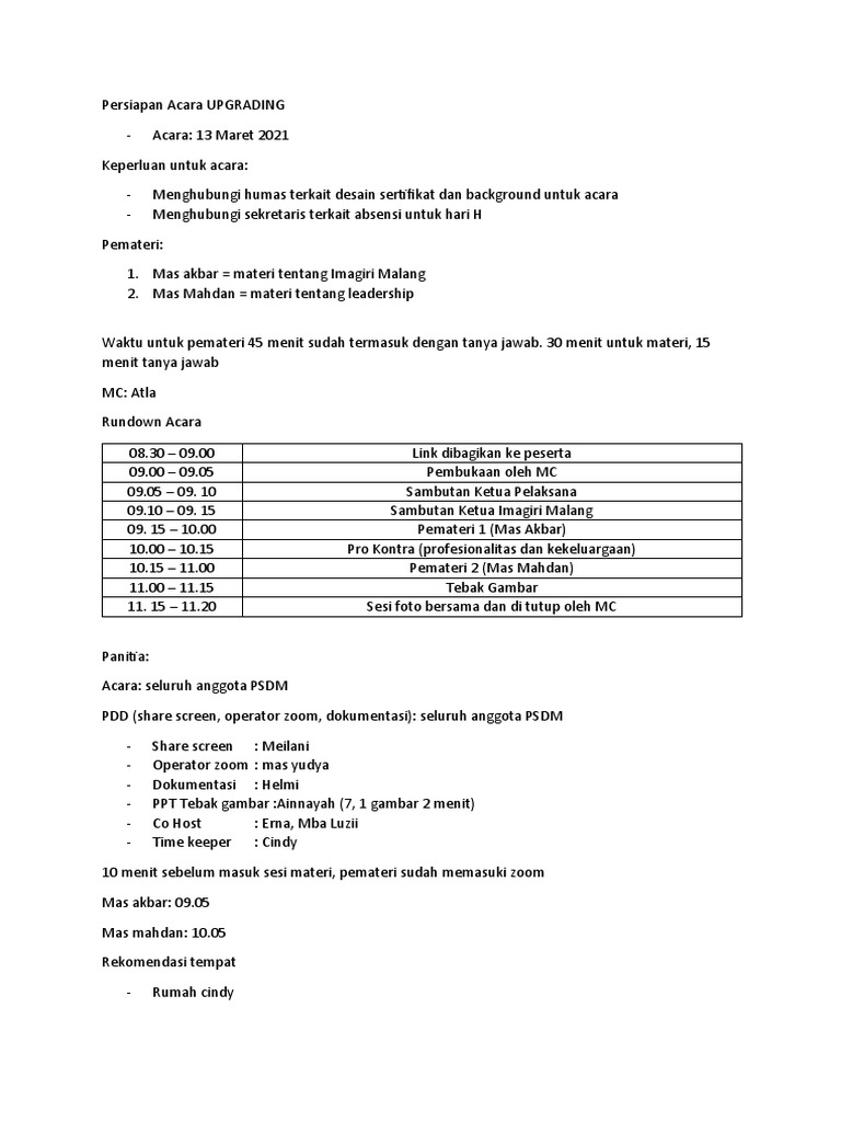 Persiapan Acara UPGRADING | PDF