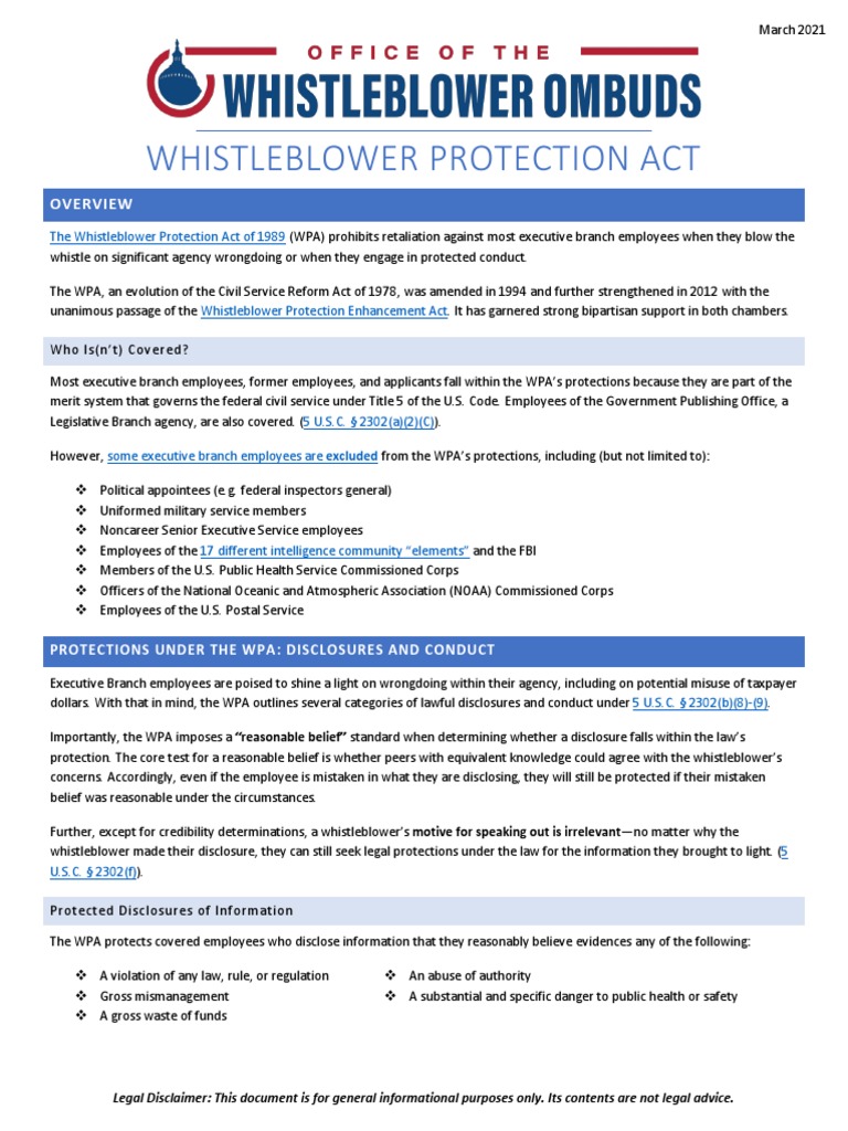 Whistleblower Protection Act Fact Sheet | PDF | Whistleblower | Government
