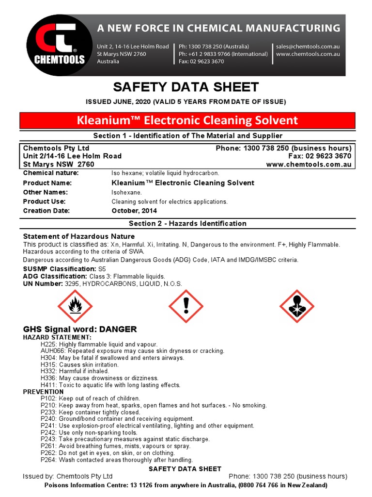 Kleanium™ Electronic Cleaning Solvent: Safety Data Sheet | PDF ...