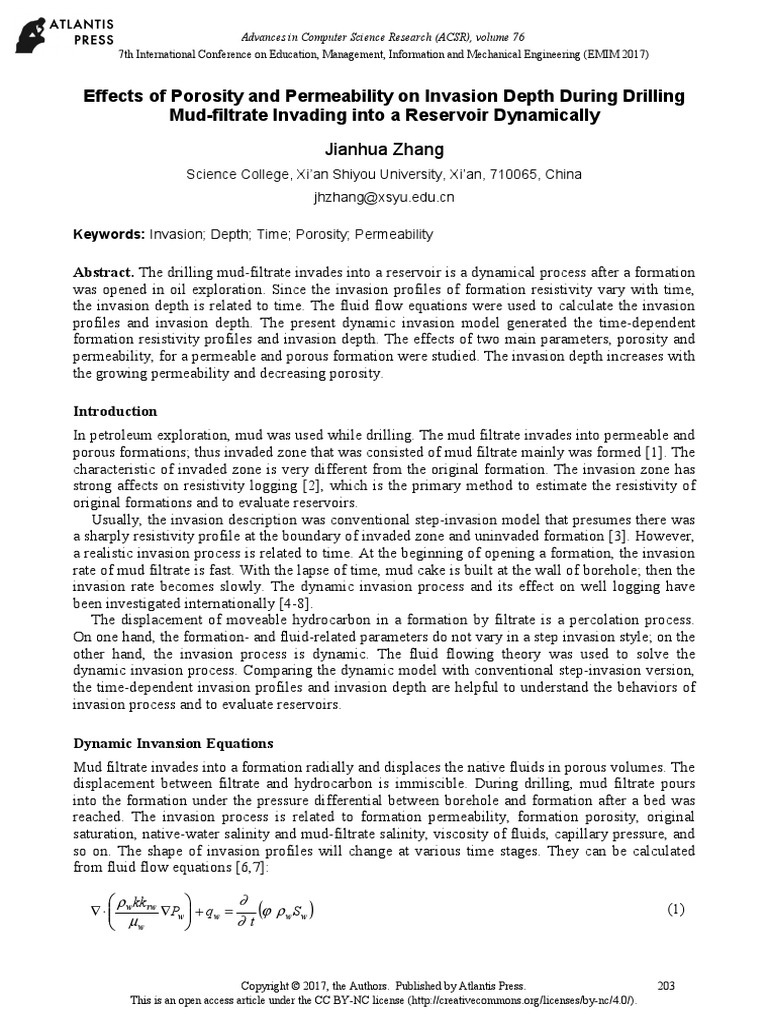 Effects of Porosity and Permeability On Invasion Depth During Drilling Mud-Filtrate Invading ...