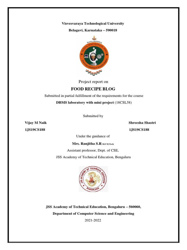 Food Recipe Blog: Project Report On | PDF | Foods | Computing