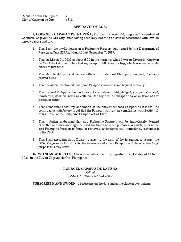 Affidavit of Loss Passport | PDF