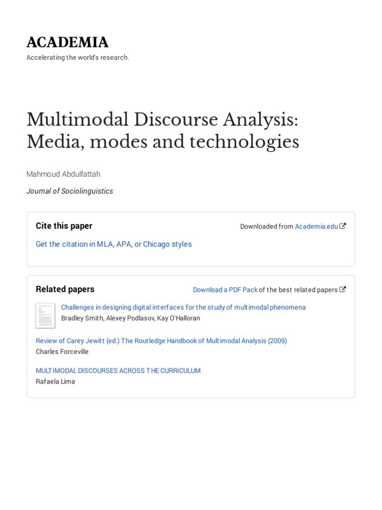 Multimodal Discourse Analysis: Media, Modes and Technologies | PDF | Semiotics | Concept