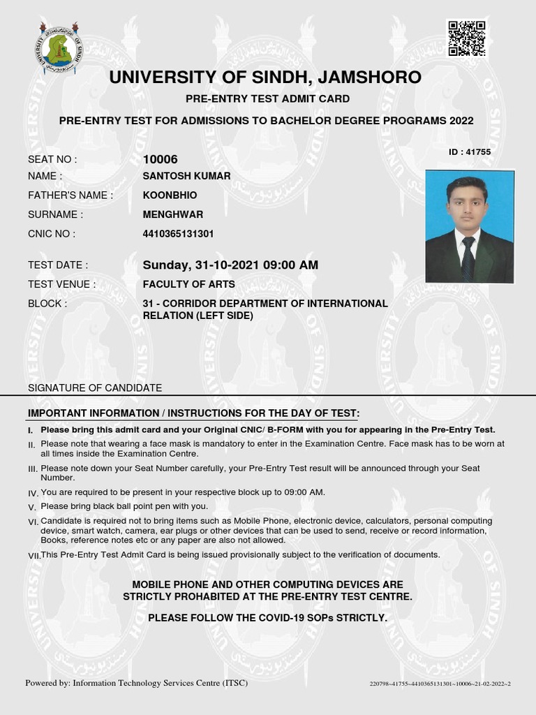 University of Sindh, Jamshoro: Pre-Entry Test Admit Card Pre-Entry Test ...