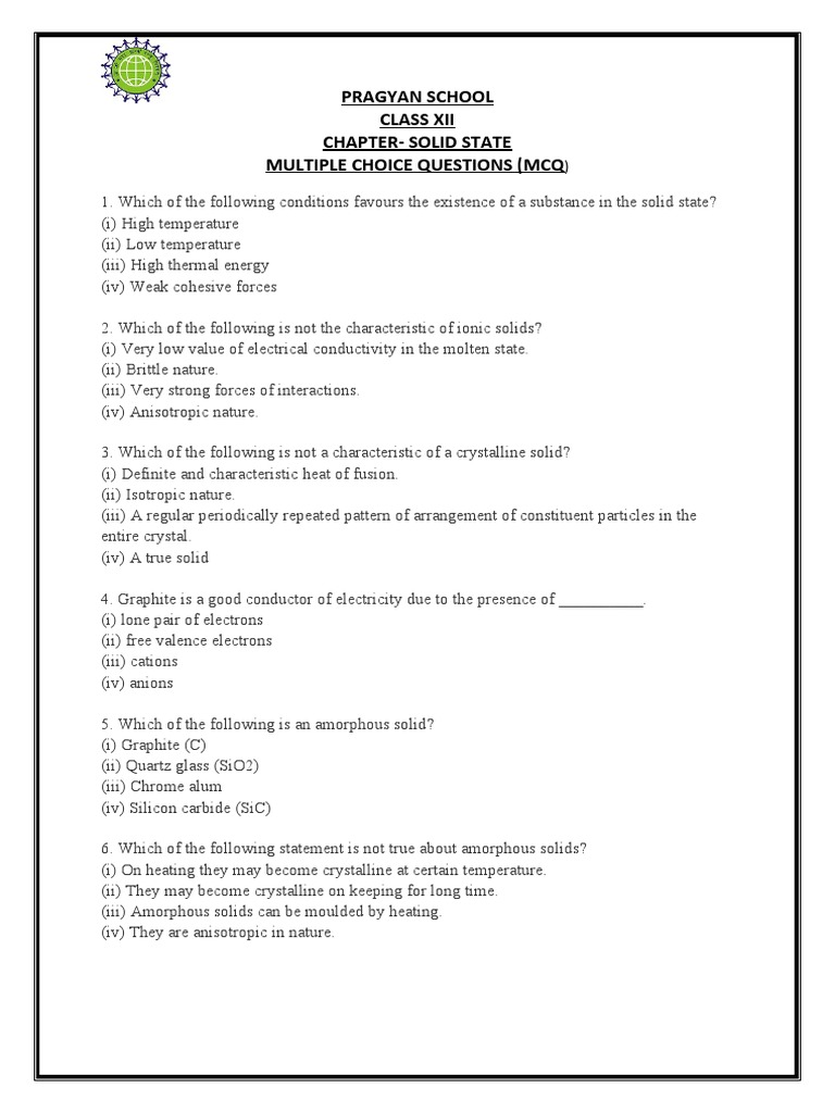 Class Xii Chapter-Solid State Multiple Choice Questions (MCQ | PDF