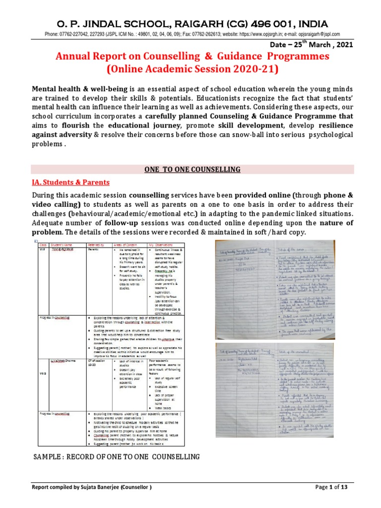 Annual Report On Counselling 2020-2021 | PDF | Teachers | Mental Health