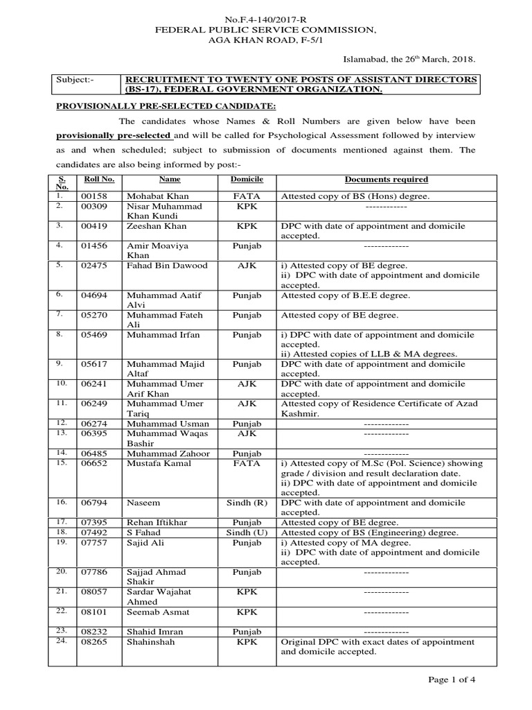 Assistant Director Recruitment List | PDF