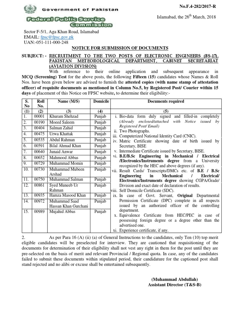 F.4-282-2017 - Electronic Engineer - 26-03-2018 - Doc - Req. | PDF | Pakistan