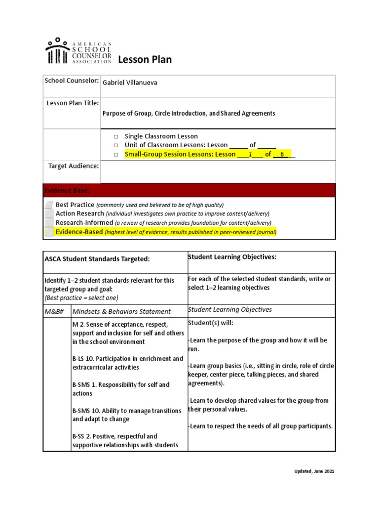 Lesson Plan: ASCA Student Standards Targeted: Student Learning ...