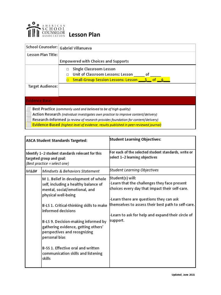 Lesson Plan: ASCA Student Standards Targeted: Student Learning ...